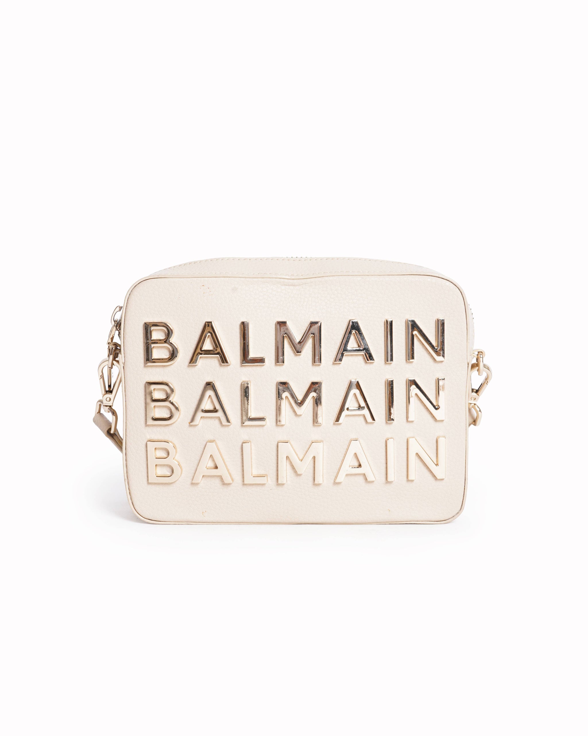 Balmain Paris Beige Pebbled Leather Triple Logo Crossbody Bag ...