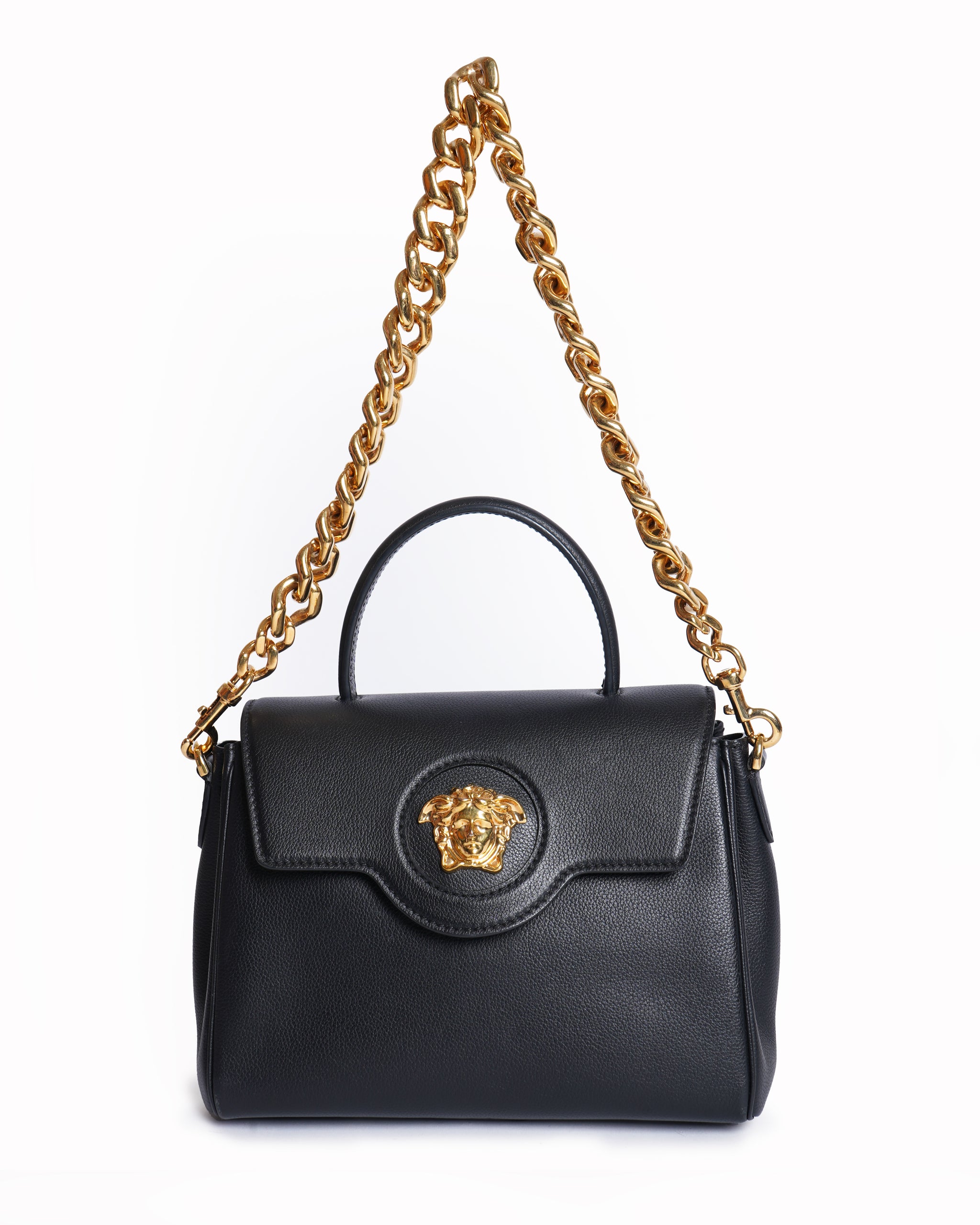 Versace La Medusa Black Pebbled Leather Top Handle Handbag | Authentic ...