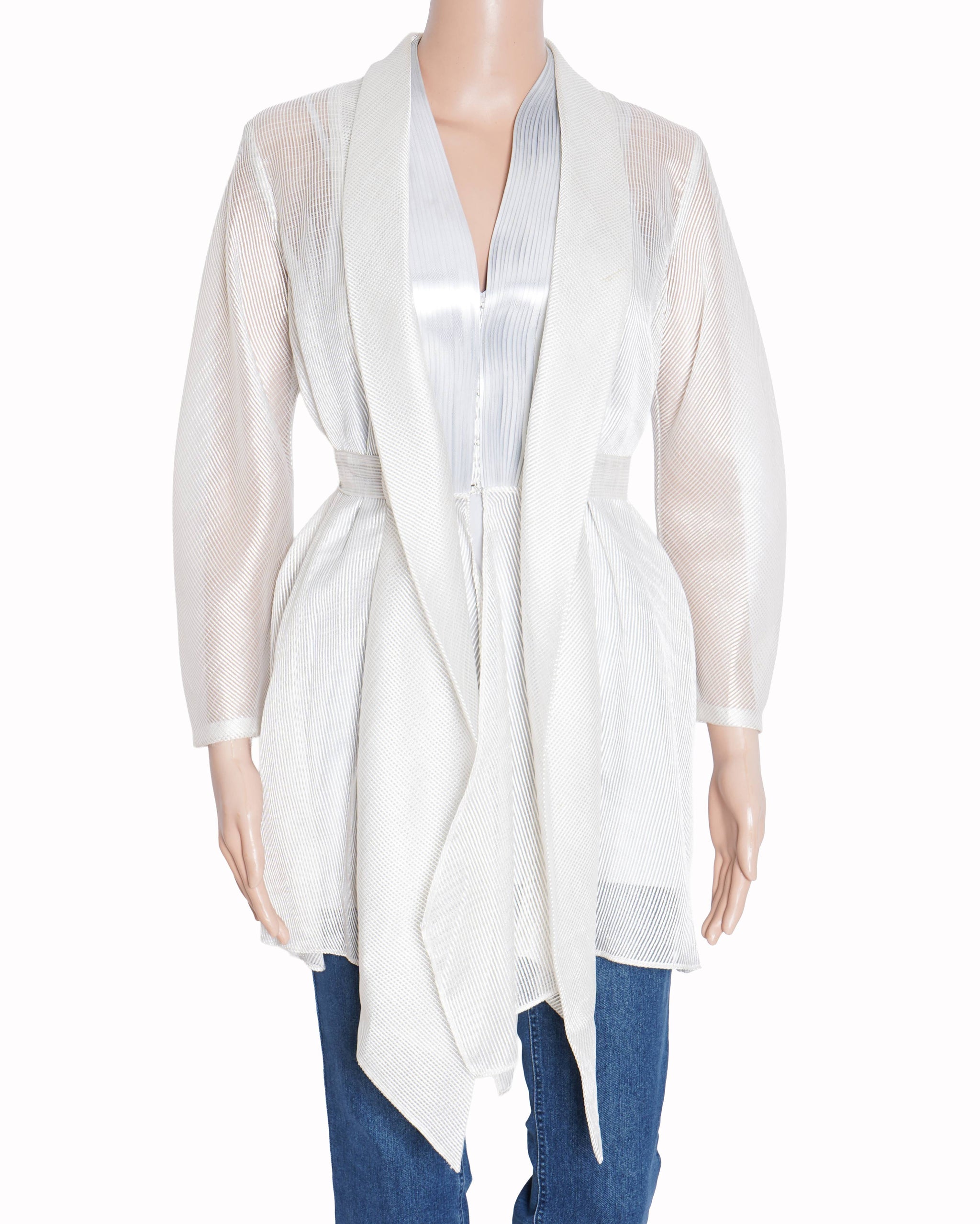 Amit Aggarwal Metallic Silver Sheer Wrap Jacket & Slip Set - My Almari