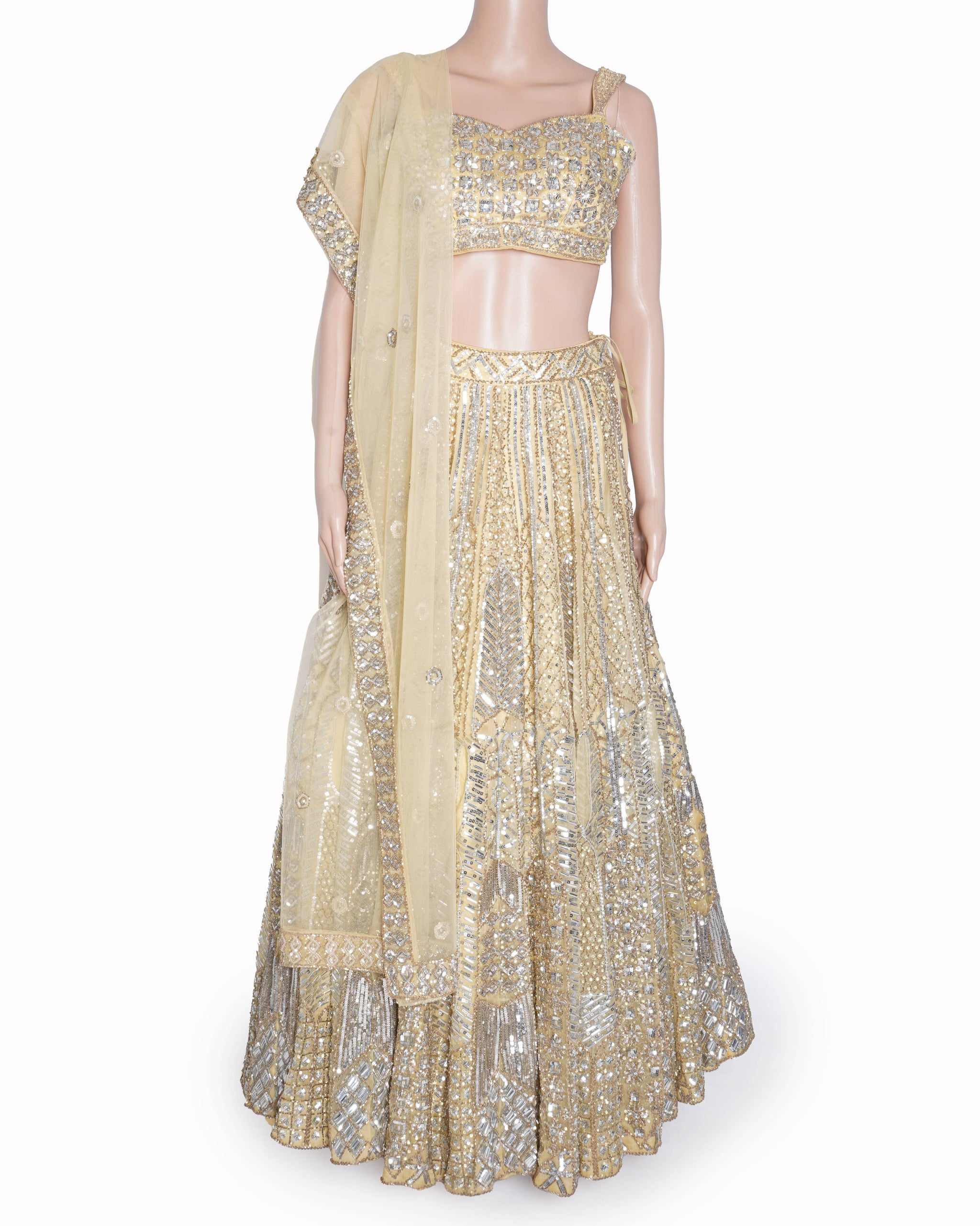 Angad Singh Gold & Silver Mirror Work Silk Lehenga Set - My Almari